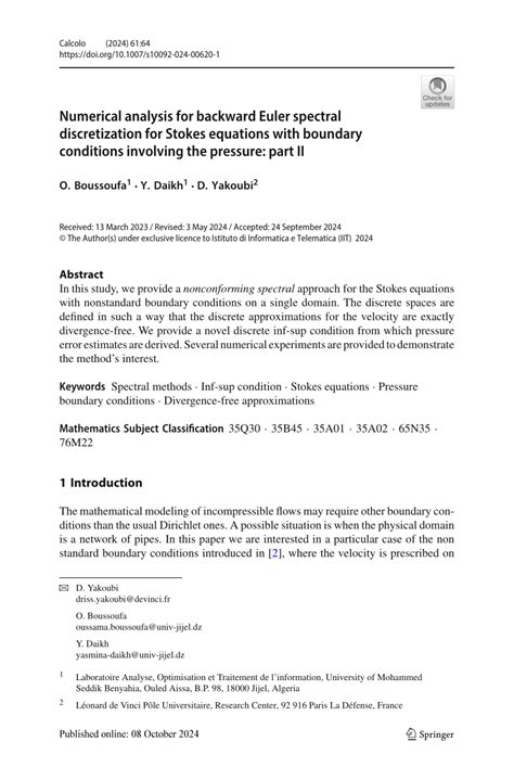 PDF Numerical Analysis For Backward Euler Spectral Discretization For Stokes Equations With