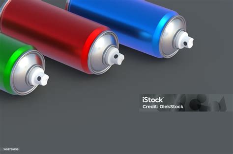 스프레이 페인트의 금속 캔 행 헤어 스프레이 또는 래커 소독제 분무기 개조 장비 에어로졸 용기의 가스 거리 예술을위한 도구 공간을 복사합니다 3d 렌더링 0명에 대한 스톡