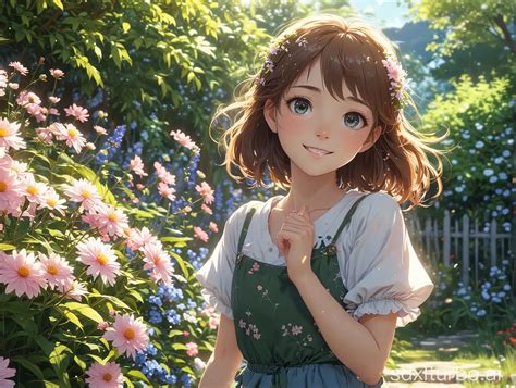 Confident Anime Girl Amidst Luminous Garden Flowers Sdxl Free Online