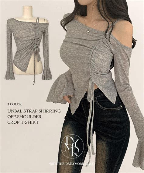 [💝완벽 몸매보정템💝] 언발 스트랩 셔링 오프숄더 어깨트임 크롭 티셔츠 크롭티 언발티 에이블리