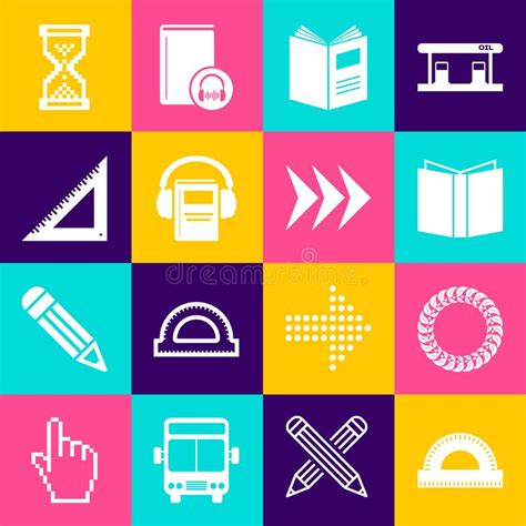 Set Protractor Grid Laurel Wreath Open Book Audio Triangular Ruler Hourglass Pixel And