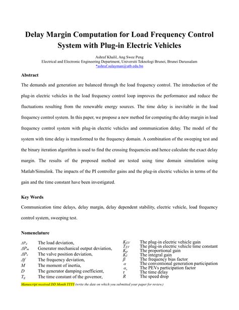Pdf Delay Margin Computation For Load Frequency Control System With Plug In Electric Vehicles