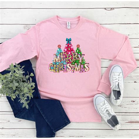 Merry Christmas Long Sleeve Shirt Merry Christmas Pink Trees Etsy