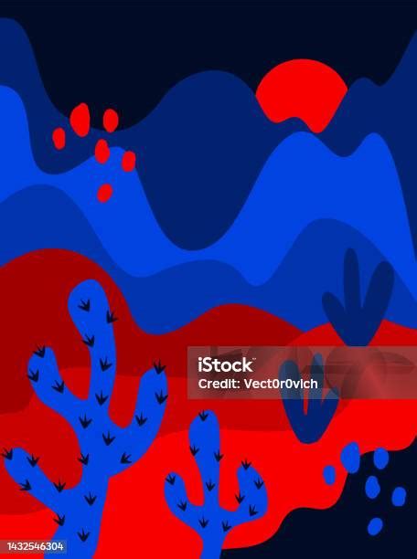 추상 선인장 사막 밤 풍경 벡터 일러스트 레이 션 인쇄 그래픽 밝은 색상에 대한 스톡 벡터 아트 및 기타 이미지 밝은 색상 사막 0명 Istock