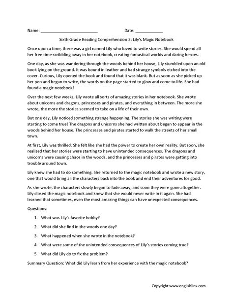 Sixth Grade Reading Comprehension Worksheets Free Printable 6th Grade