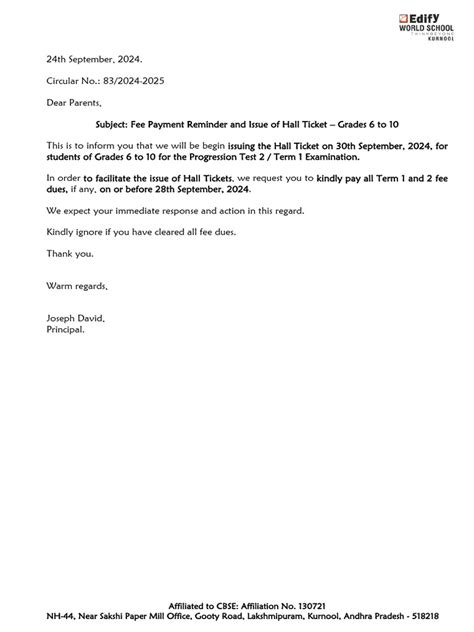 Circular 83 Fee Payment Reminder And Issue Of Hall Ticket Grades 6