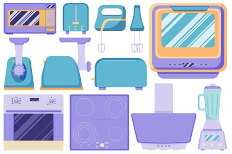 흰색 배경에 고립 된 평평한 스타일의 전자 주방 가전 제품 스토브 오븐 전자 레인지 식기 세척기 고기 분쇄기 믹서 토스터 추출기 후드 및 블렌더 세트 가정 생활에 대한 스톡