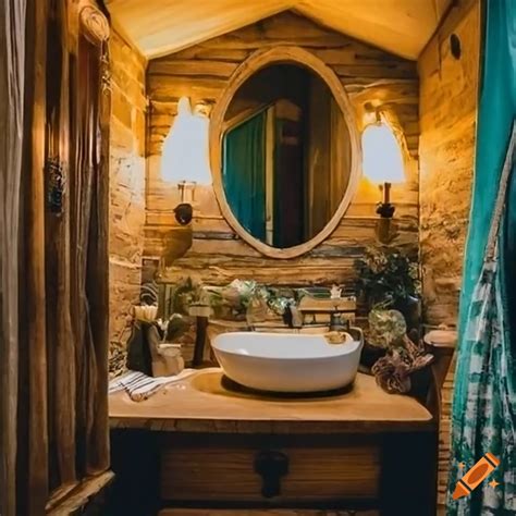 Cozy Hobbit Bathroom With Many Light Bulbs On On Craiyon