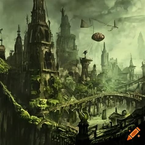 Steampunk City Covered In Jungle Airship Flying Above On Craiyon