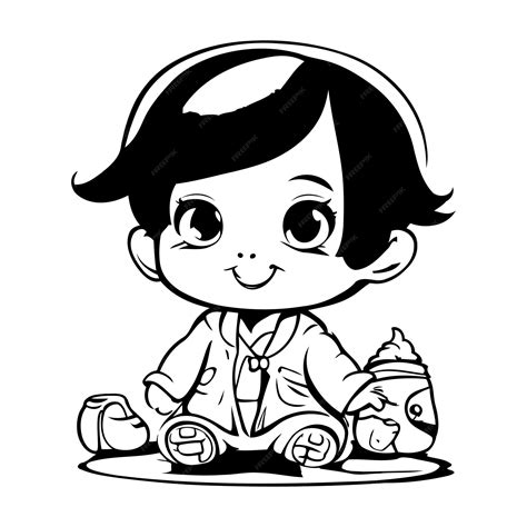 Menino Bonitinho Sentado No Chão E Sorrindo Livro Para Colorir Vetor