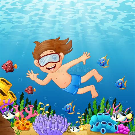 Natação Do Menino Dos Desenhos Animados No Mar Peixes Ilustração do