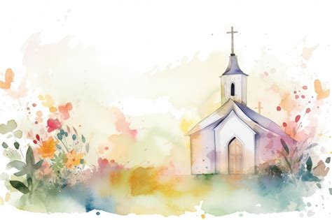 Cartão de celebração de batismo em aquarela moldura de igreja Foto Premium