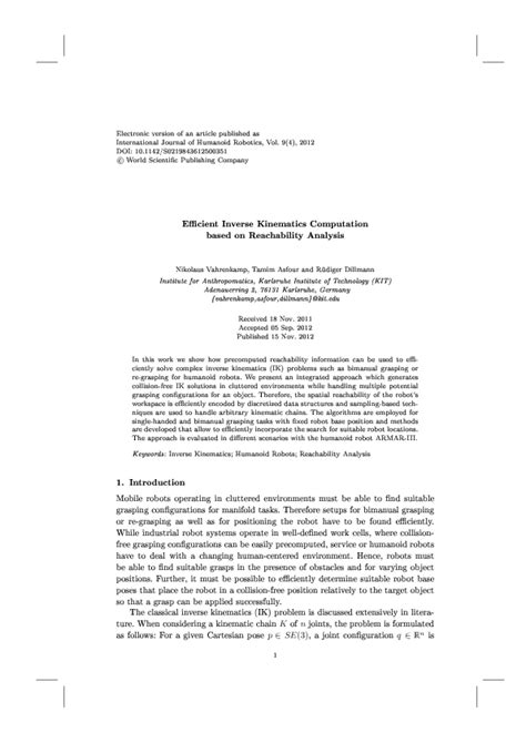 pdf efficient inverse kinematics computation based on reachability