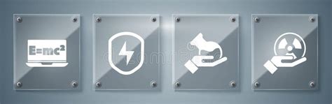 Set Radioactive Test Tube And Flask Secure Shield With Lightning And Equation Solution Square