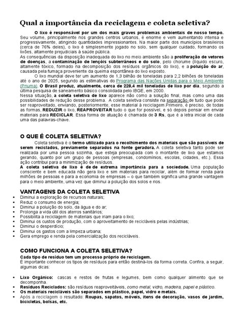 Importância Da Reciclagem E Coleta Seletiva Pdf Desperdício