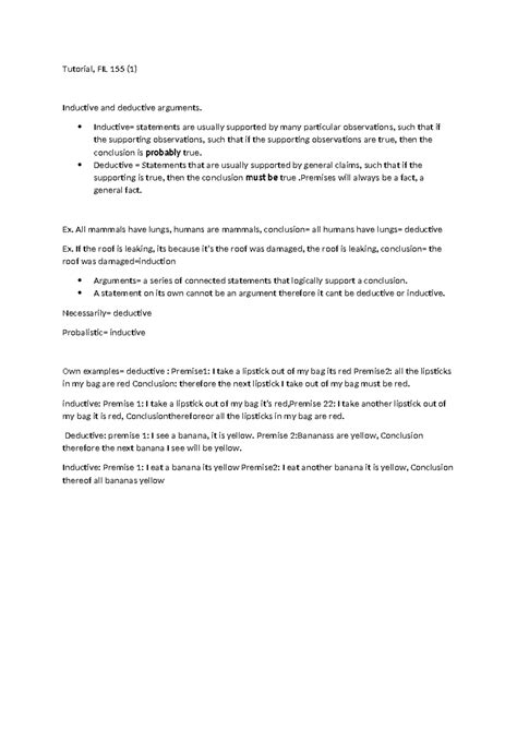 Fil 155 Tutorial Notes Tutorial Fil 155 1 Inductive And Deductive Arguments Inductive