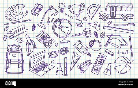 Set Of Vector Illustrations Of School Items And Stationery In Doodle