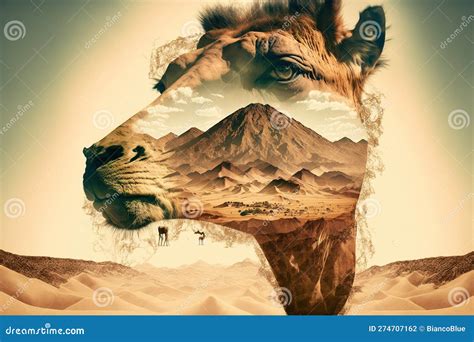 Camel Abstract Artwork In Double Exposure Of Sahara Desert Stock