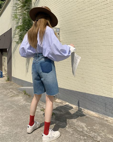 데님 버뮤다 팬츠 배색 포켓 하이웨이스트 와이드 페이크 포켓 포인트 데일리 레트로 캐주얼 빈티지 귀여운 대학생 새내기 꾸안꾸