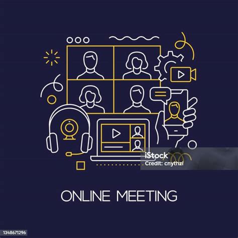 일러스트 레이션 온라인 회의 개념의 벡터 집합입니다 웹 페이지 배너 포스터 인쇄 등을 위한 라인 아트 스타일 배경 디자인 벡터