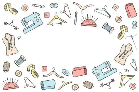 바느질 및 바늘 작업을위한 도구 낙서 아이콘 세트 재단사 벡터 일러스트 레이 션 스레드 바늘 마네킹 재봉틀 옷걸이 버튼 개체