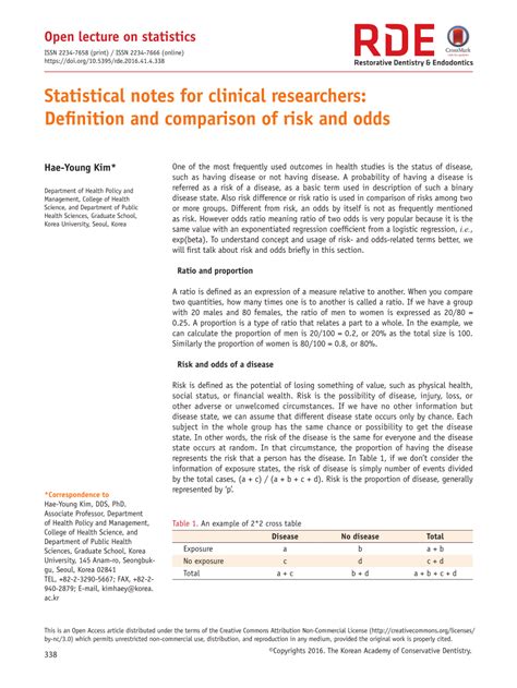 Pdf Statistical Notes For Clinical Researchers Definition And Comparison Of Risk And Odds