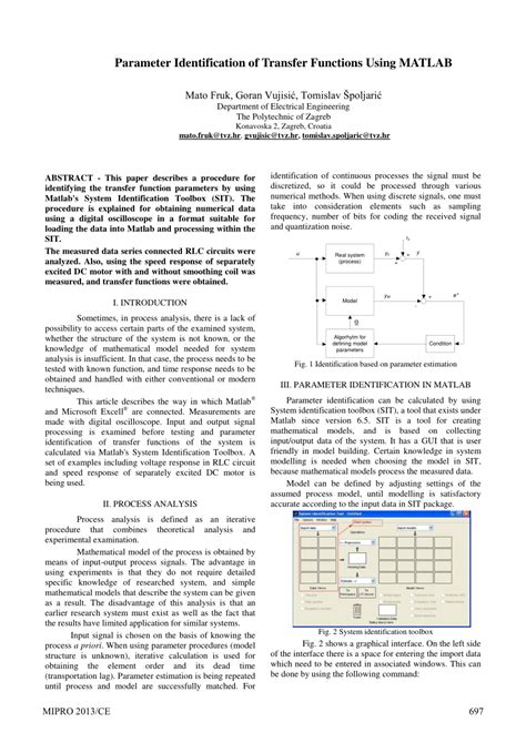 Pdf Parameter Identification Of Transfer Functions Using Matlab