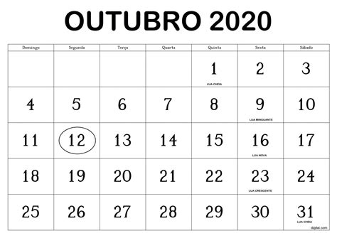 Calend Rio Outubro 2020 Feriados E Fases Da Lua Digitei
