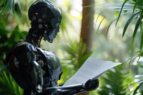 A Humanoid Robot Analyzes A Paper Document In A Lush Indoor Environment