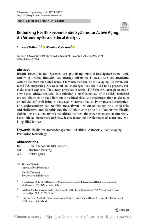 Pdf Rethinking Health Recommender Systems For Active Aging An Autonomy Based Ethical Analysis