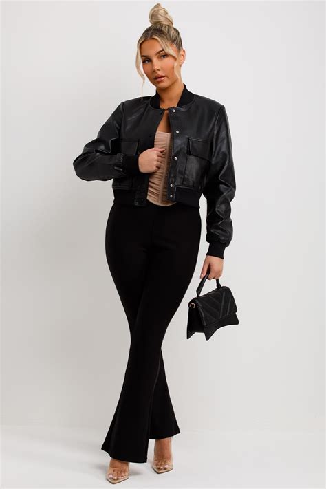 Womens Black Faux Leather Bomber Jacket Uk