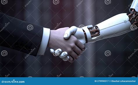 Collaboration Of Innovation Robot And Businessman In Handshake Symbolizing Human Robot