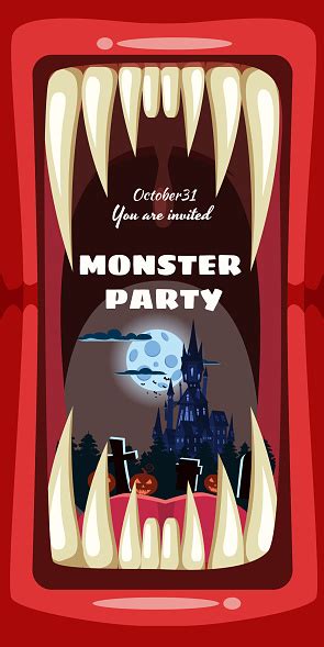 입 클로즈업 어두운 성 호박 묘지에서 소름 할로윈 파티 배너 무서운 괴물 캐릭터 치아 턱 벡터 무서운 일러스트 초대 전단지 템플릿 10월에 대한 스톡 벡터 아트 및 기타