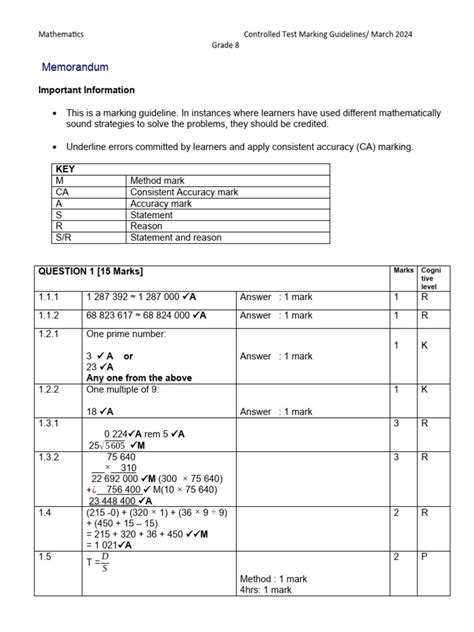 Math Gr 8 Term 1 Test Memo Pdf Mathematics