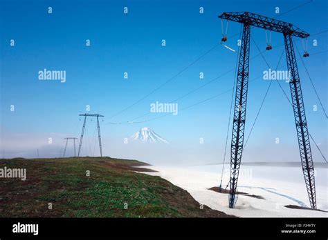 High Voltage Electricity Masts Near Mutnovsky Geothermal Power Plant