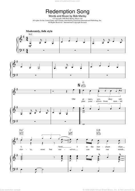 Redemption Song Sheet Music For Voice Piano Or Guitar V2