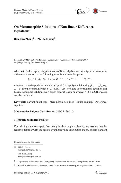 Pdf On Meromorphic Solutions Of Non Linear Difference Equations