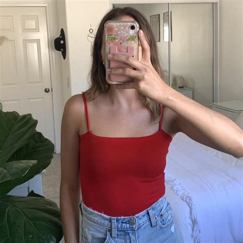 Red Square Neck Spaghetti Strap Bodysuit Depop