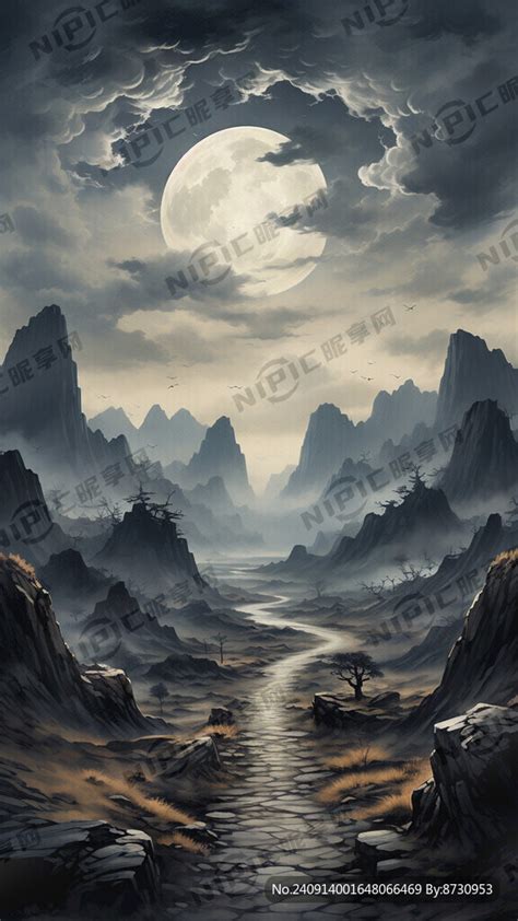 Ai创作图乌云密布的夜色 升起了一半的圆月 荒芜的戈壁滩 曲折的石子路 水墨风。 昵图网