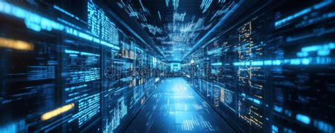 abstract digital data flow with bright lights and binary code stock