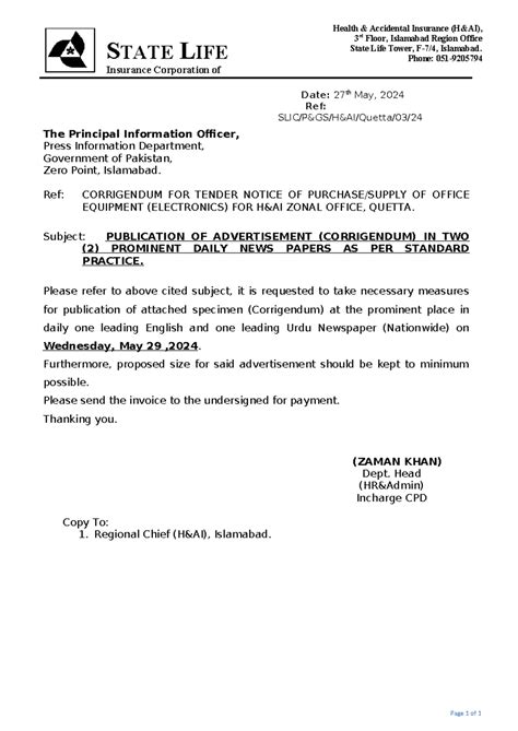Pid Cover Letter For Corrigendum Advertisment Newspaper Dated 27 Date