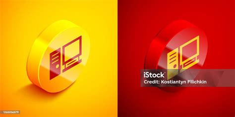 주황색과 빨간색 배경에서 격리된 등색 컴퓨터 모니터 아이콘입니다 Pc 구성 요소 기호입니다 서클 버튼입니다 벡터 일러스트레이션 0명에 대한 스톡 벡터 아트 및 기타 이미지