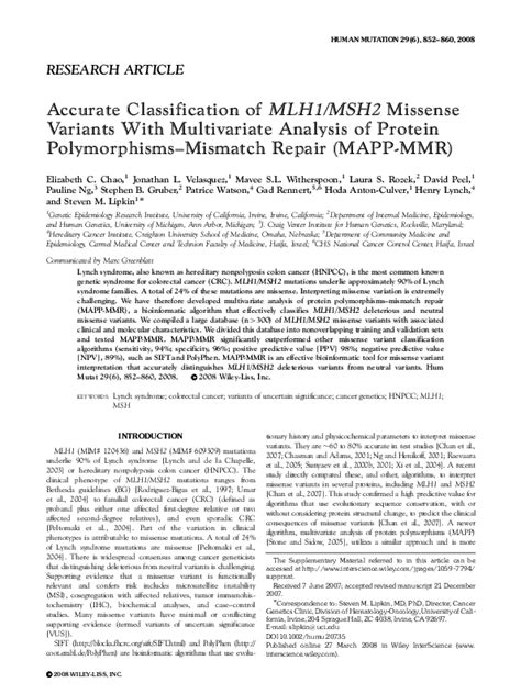 Pdf Accurate Classification Of Mlh1msh2 Missense Variants With