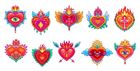 Mexican Sacred Hearts With Fire And Eyes Vector Image