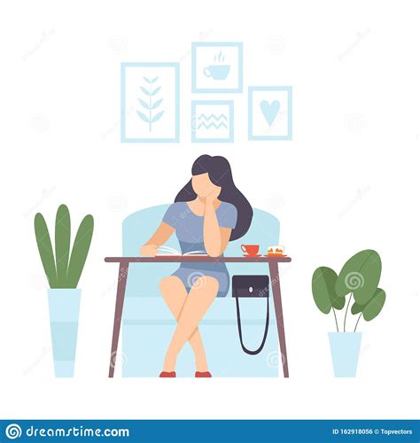 Woman Is Reading A Book In A Cafe Vector Illustration Stock Vector