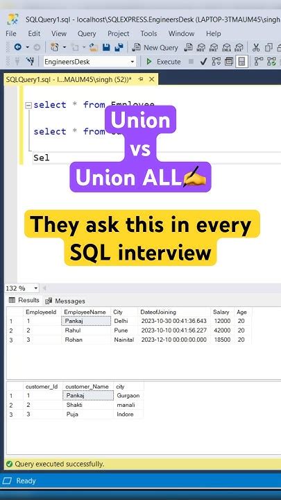 Difference between Union and Union ALL with practical examples #coding #shorts #sql #sqlqueries ...