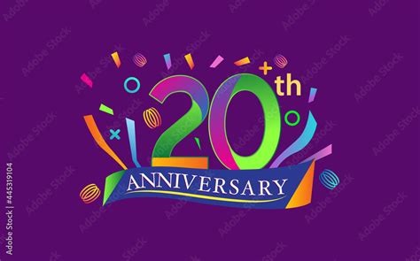 Celebration 20th Anniversary Background With Colorful Ribbon And Confetti Poster Or Brochure