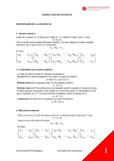 Formulario De Matrices Carlos Andrés Pinilla Rodríguez Cpinilla