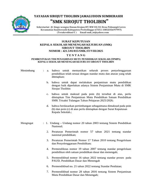Sk Tim Penjamin Mutu Sekolah Pdf