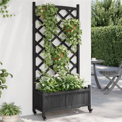 Vidaxl Planter With Trellis And Wheels Black Solid Wood Fir 29 5 X13 8